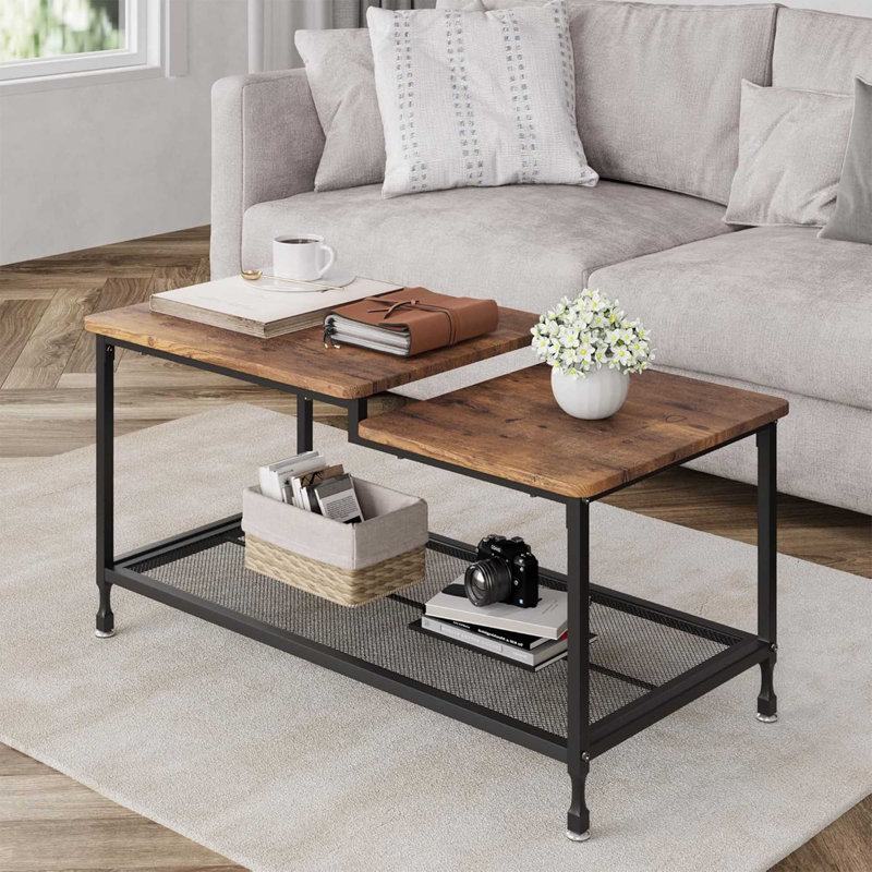 Industrial Coffee Table 2 Tier Rustic Center Table Living Room Table With Mesh Shelf Rectangle Storage Cocktail Table Metal Frame Sturdy Coffee Table
